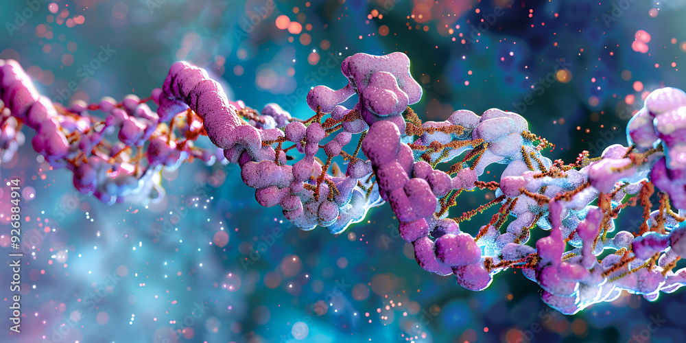 DNA strand with molecular bonds in a vibrant abstract background ...