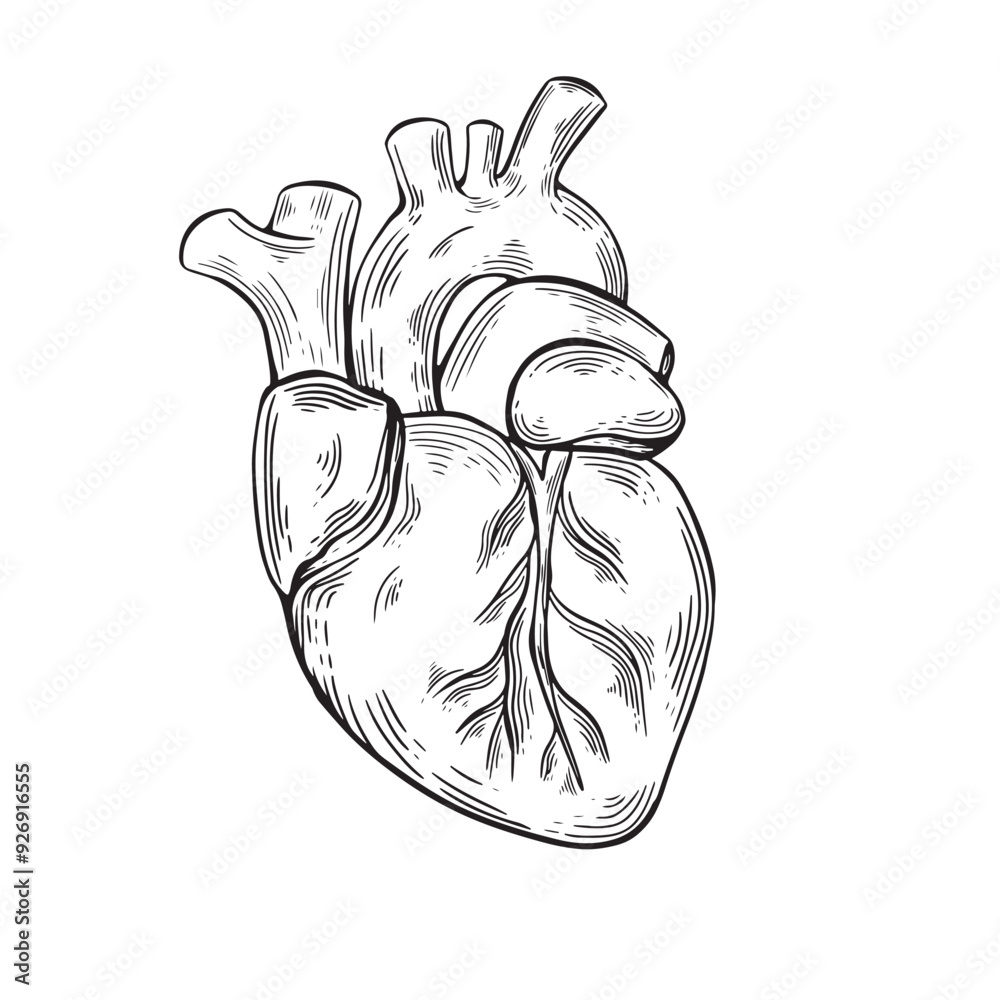 Human heart anatomy in engraving style. Line drawing organ human heart ...