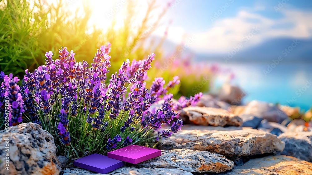 Photography of purple lavender fields with green stems against a blue ...