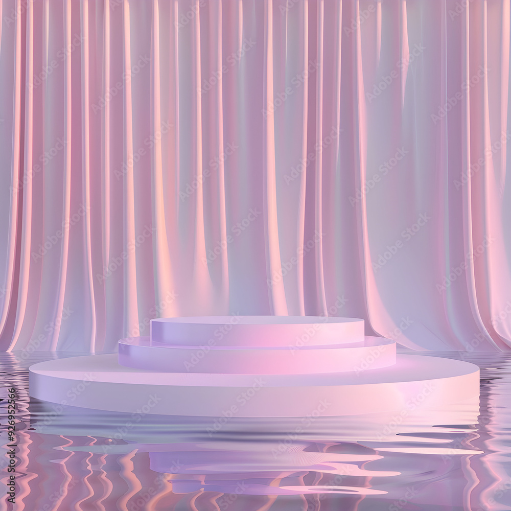 3d render abstract platform podium on water and waving curtains ...