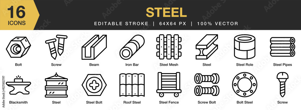 Steel icon set. Editable Stroke Icon Collection. Includes roof steel ...