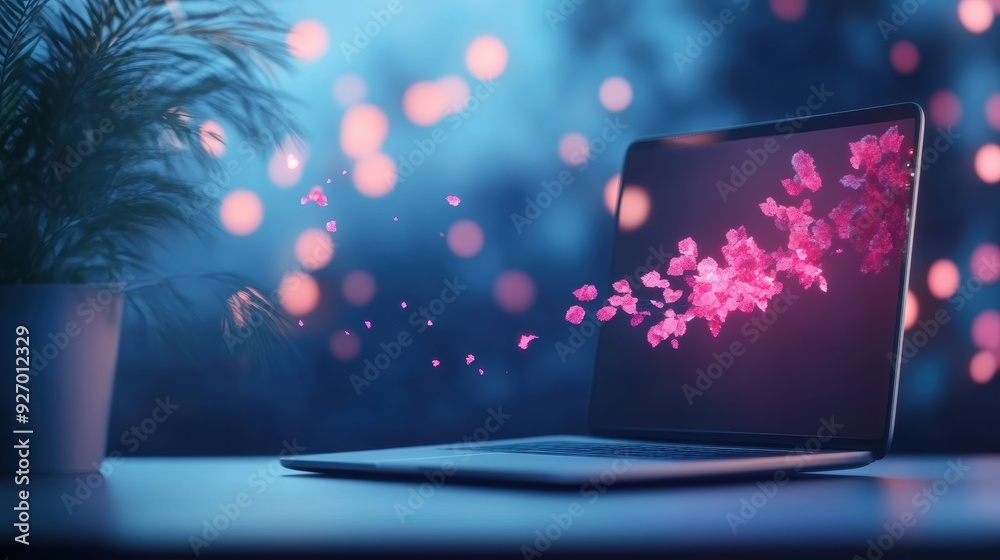 Laptop screen displaying a finished digital illustration with various ...