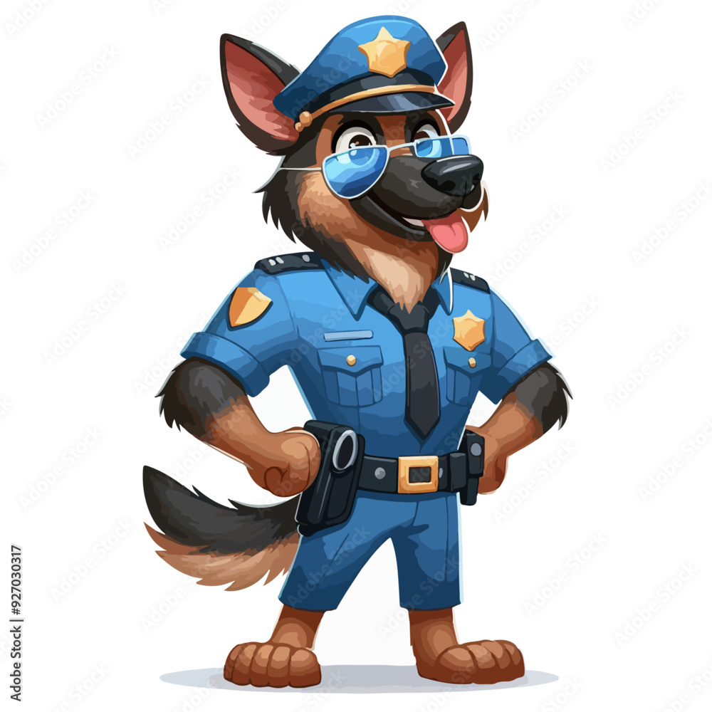 Funny shepherd dog character in blue police uniform standing on guard ...