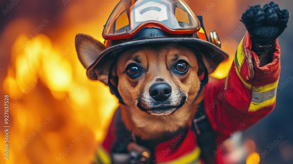 Dog dressed as a firefighter, in a uniform and helmet, striking a ...