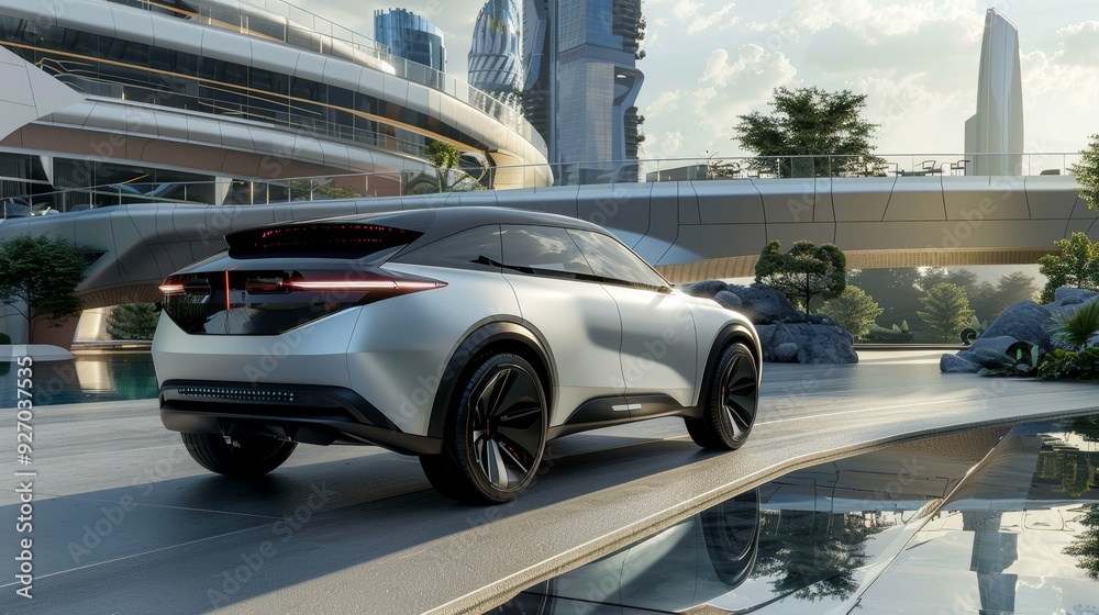 Futuristic Electric SUV with Streamlined Design in High-Tech Urban ...