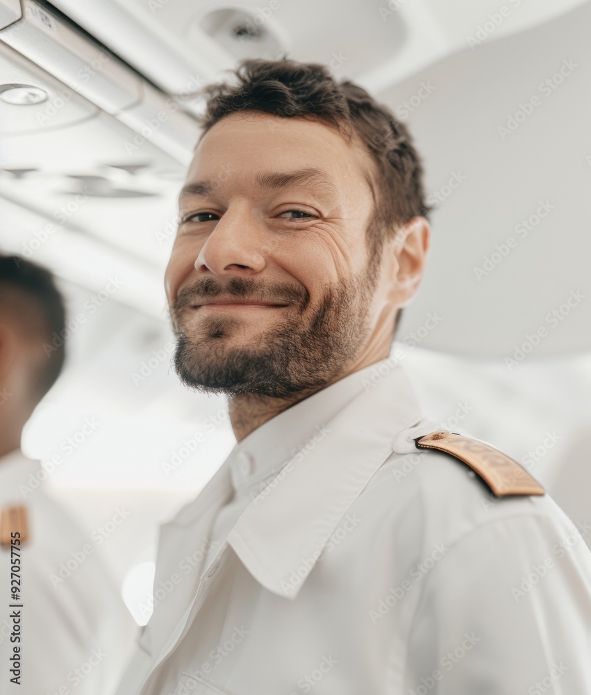Male Flight Attendant in Uniform Smiling and Assisting Passenger on ...
