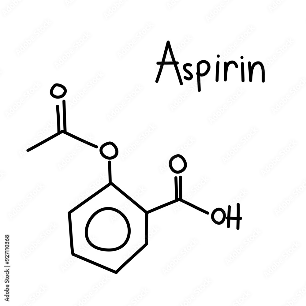 Hand drawn chemical structural formula of aspirin, also known as ...