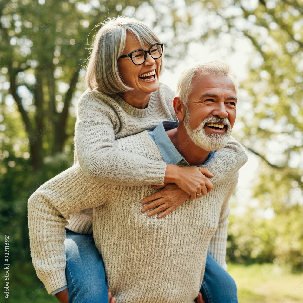 outdoor senior fitness woman man love active fun piggyback exercise ...