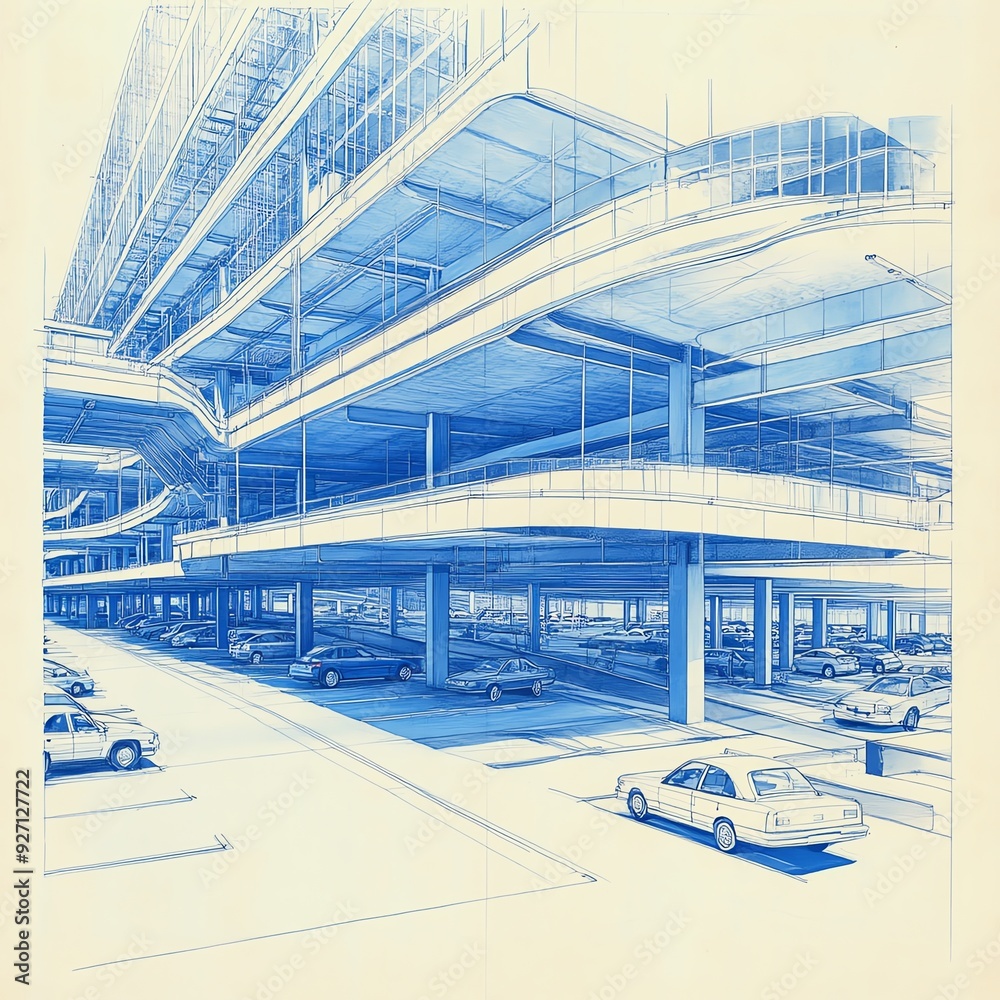 Crosssectional blueprint of a multilevel parking structure, focusing on ...