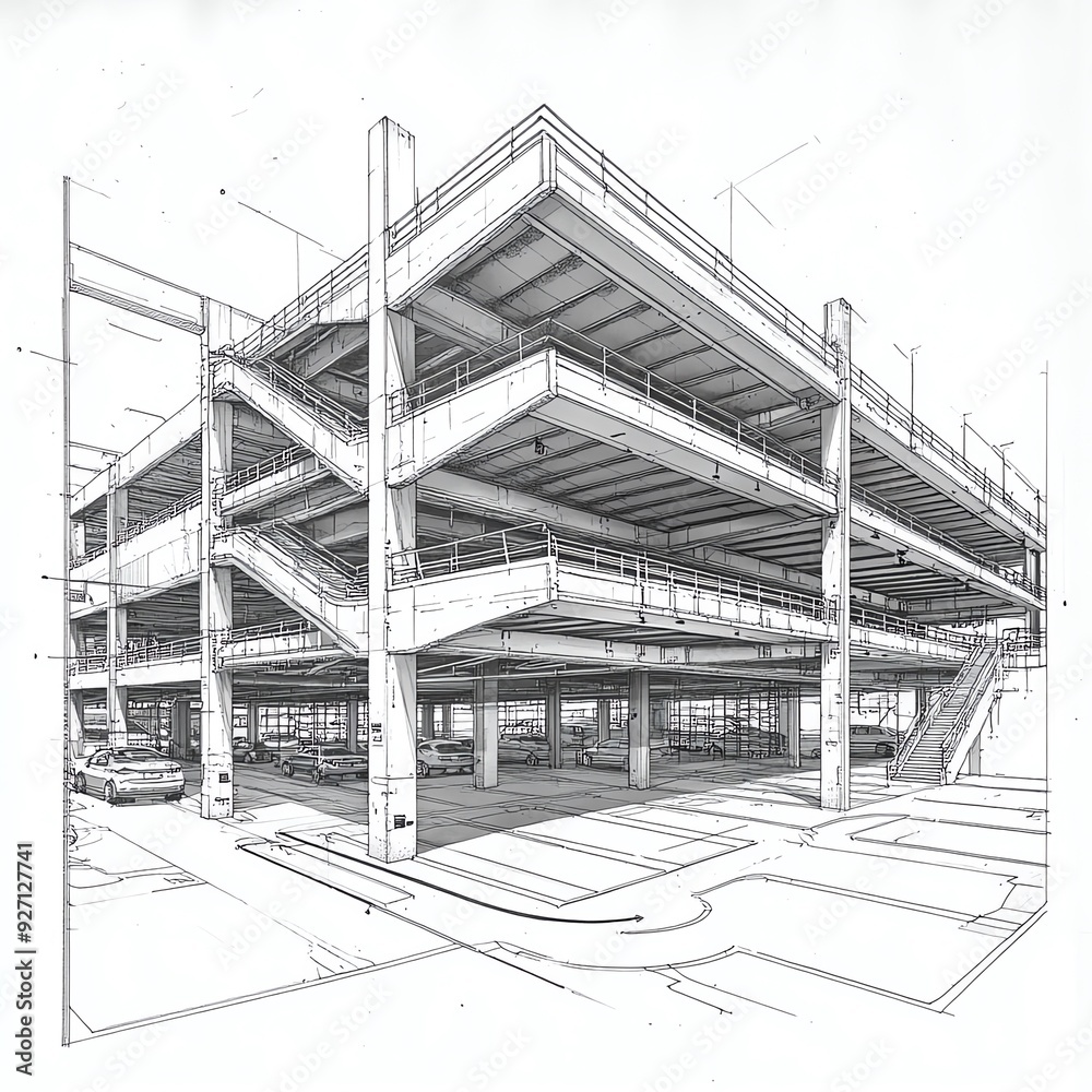 Crosssectional blueprint of a multilevel parking structure, focusing on ...