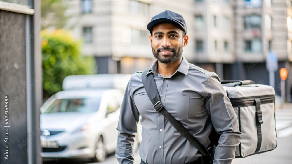 An Indian male courier with a delivery bag slung over his shoulder ...