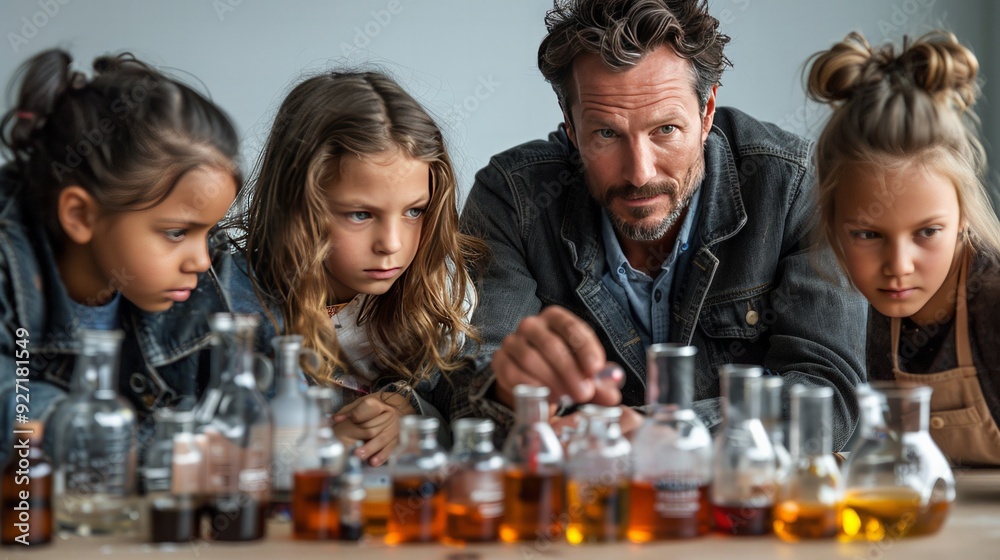 Teacher conducting a science experiment with students, isolated on ...