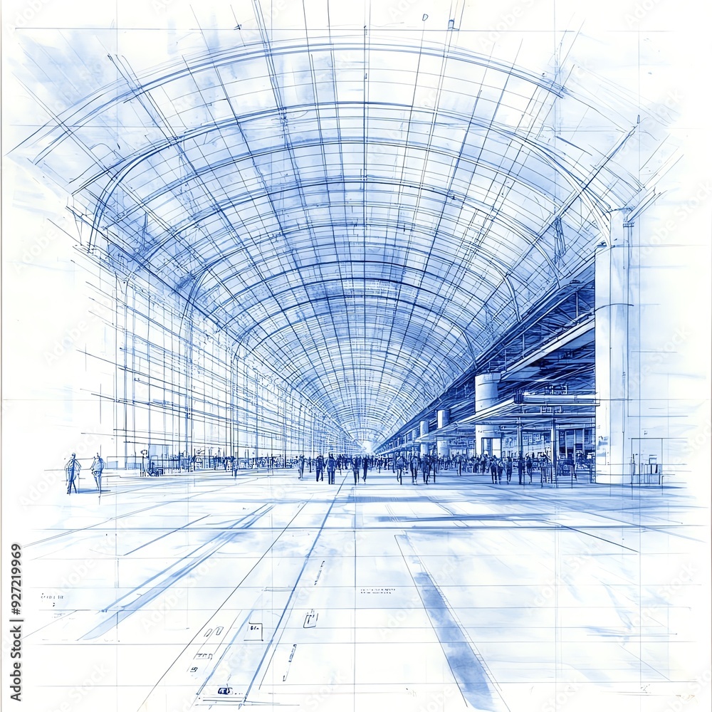 Skeleton framework of an airport terminal, with a detailed blueprint of ...