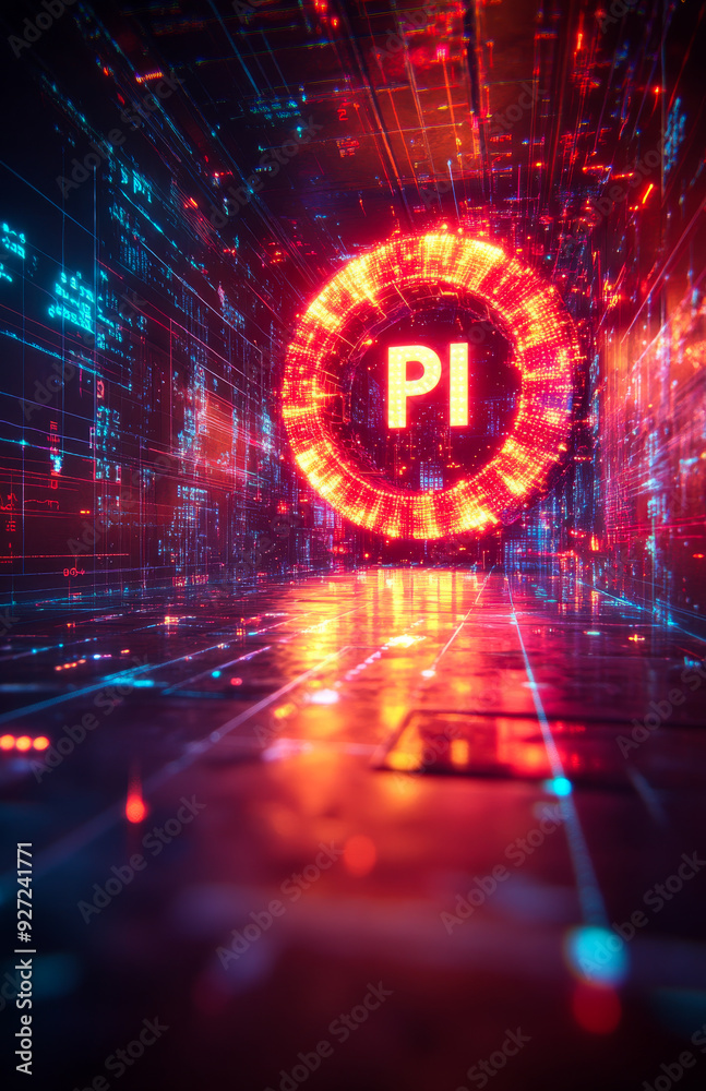 Neon Pi symbol glowing in a night corridor. A vibrant corridor filled ...