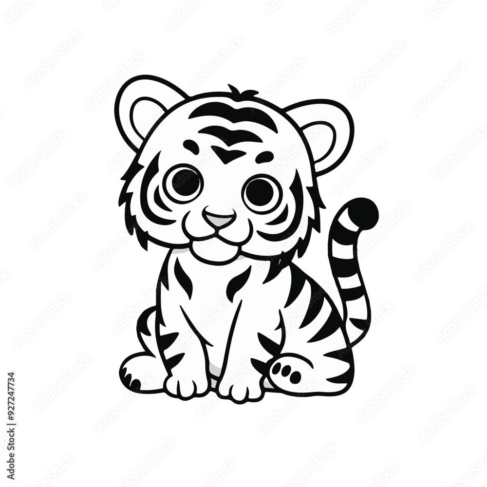 Baby tiger outline, silhouette coloring sketch for kids line art. Stock ...