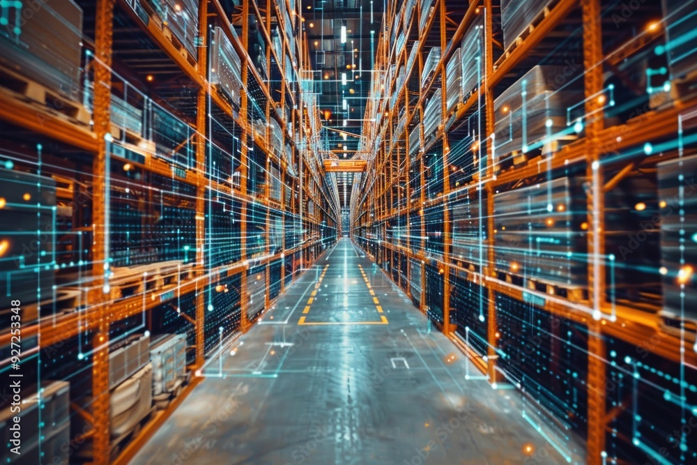 A modern warehouse aisle is illuminated by digital network lines that ...