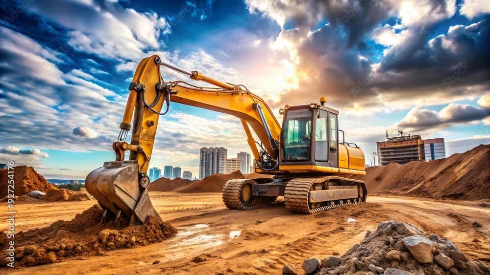 Heavy duty construction machinery at excavation site, bagger, anlagen ...