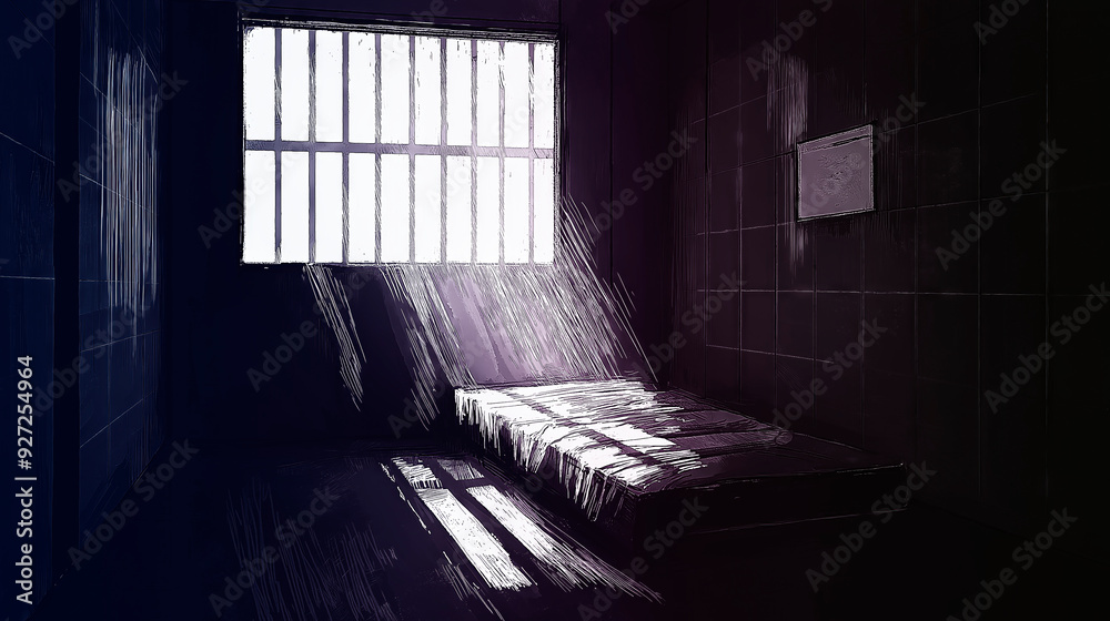 Sunlight streams into a dimly lit prison cell through window bars, casting shadows on the bed ...