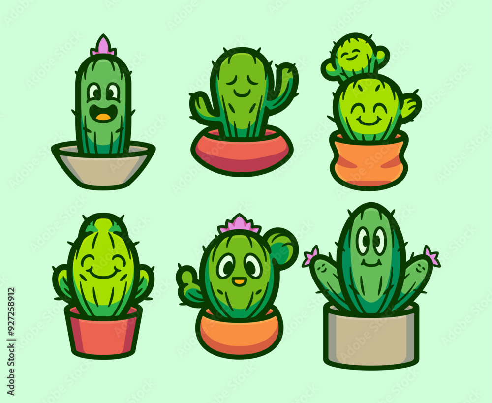 Cute kawaii cactus plant in pot with different facial expresion pack ...
