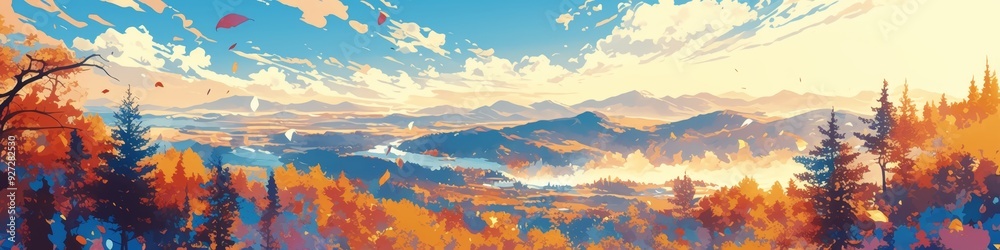 Enchanting Anime-Style Autumn Dreamscape: Serene Mountains, Trees, and ...