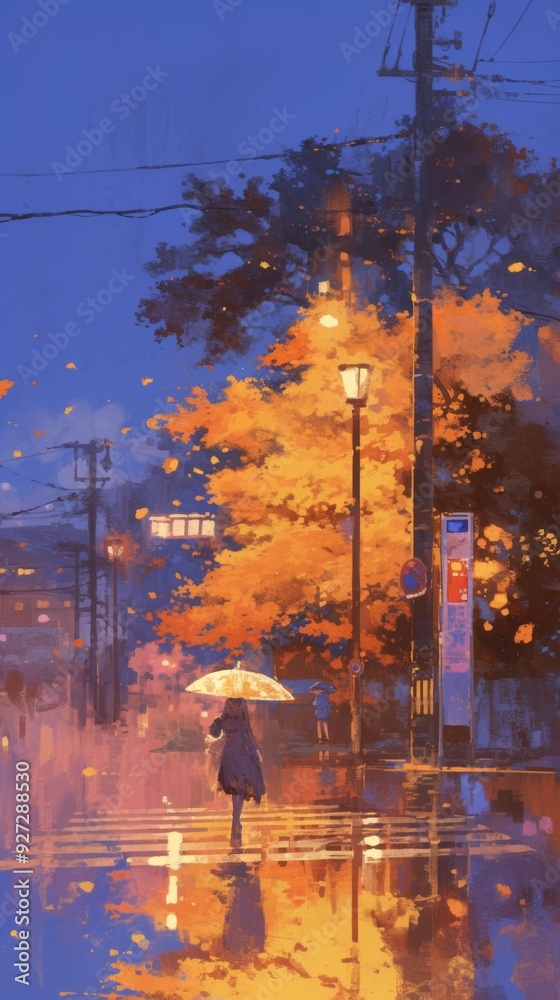 Enchanting Anime-Style Autumn Rain Scene: Pedestrians Navigating Muddy ...