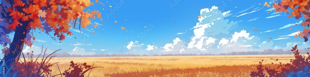 Enchanting Anime-Style Autumn Scene: Vibrant Blue Sky and Dreamy Fall ...