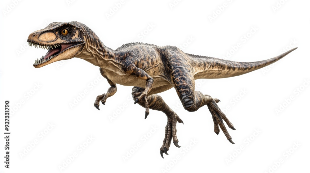 Realistic 3D rendering of a Velociraptor dinosaur with a white ...