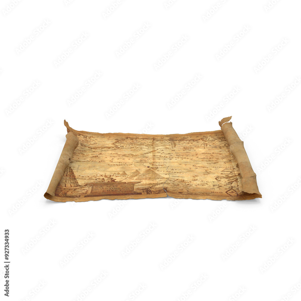 Paper treasure map. Old parchment scroll. Papyrus for game letter or fairy tale UI frame ...