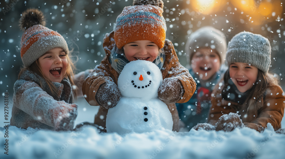 Family playing in the snow, building a snowman, kids throwing snowballs ...