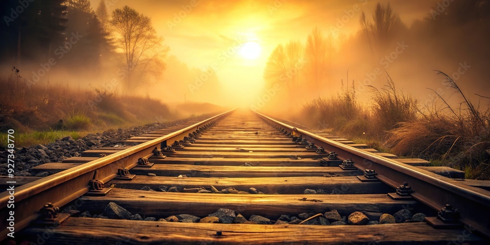 Worn wooden rails fade into misty dawn nostalgia sepia vintage railroad ...