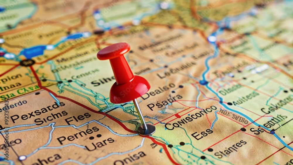 Vibrant red map of Texas with a small white pushpin marking El Paso, a ...