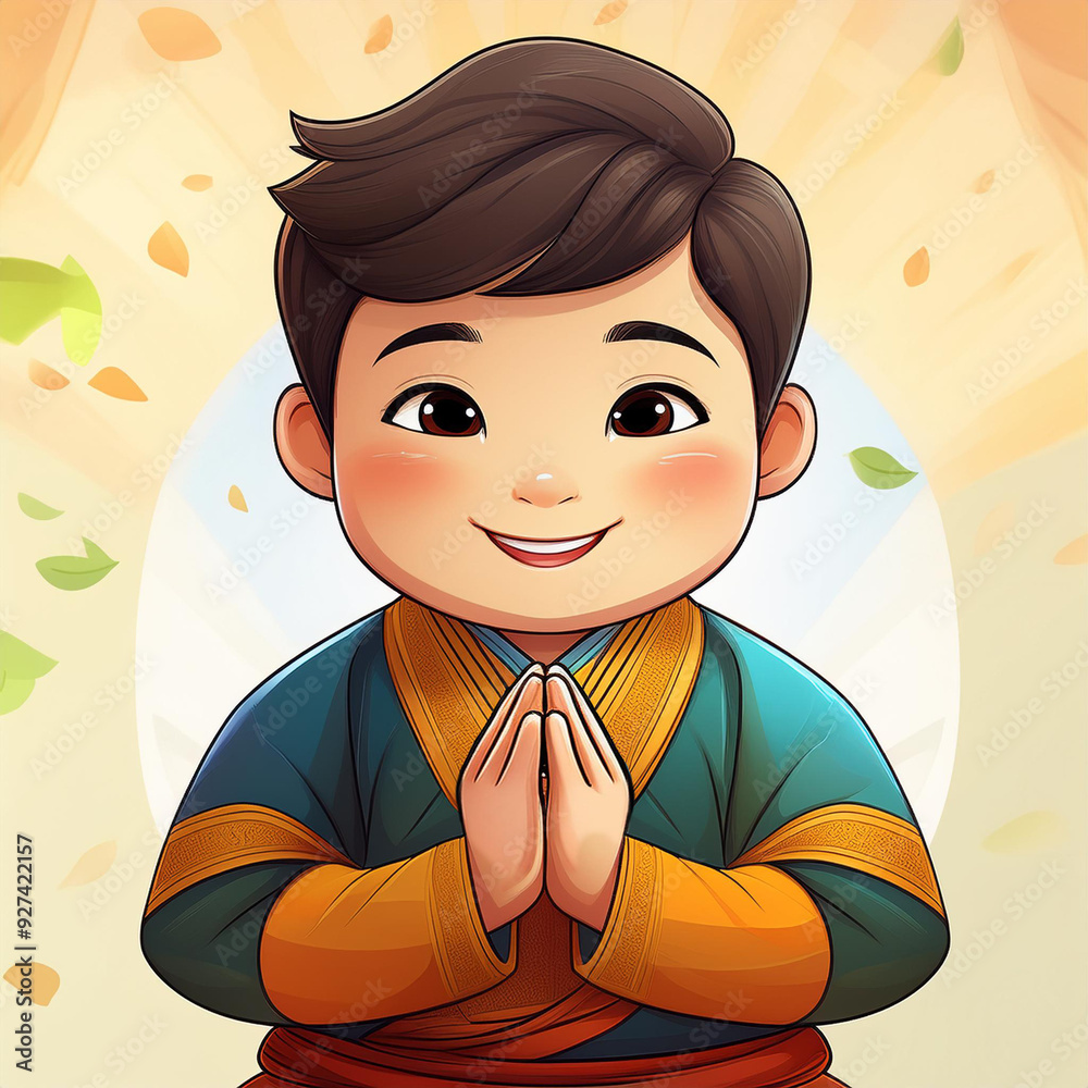 Cute chubby Asian boy with gesture to pay respect for welcome or thank ...