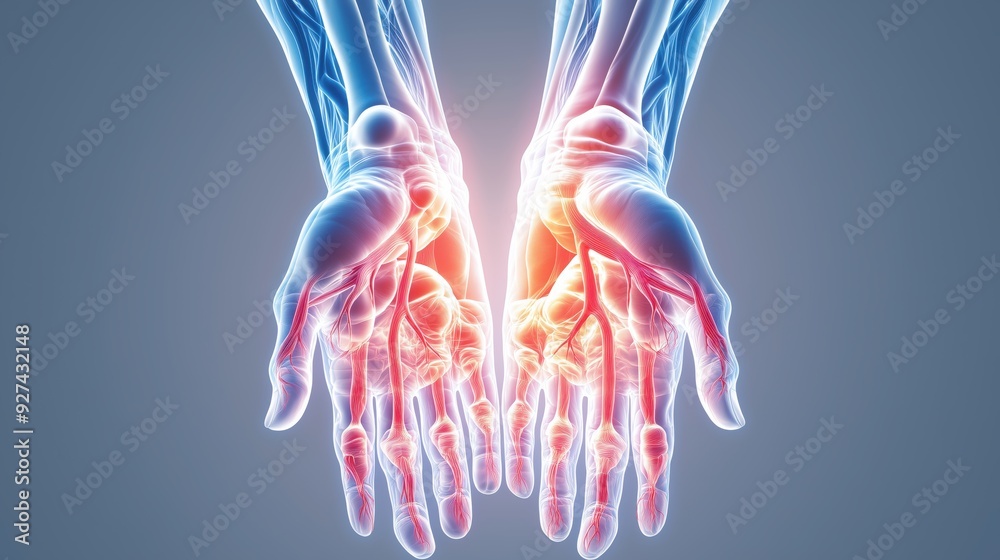 High-resolution 3D medical illustration of human hands, focusing on the ...