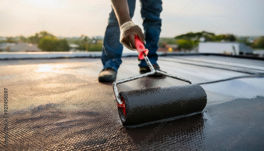 Zdjęcie bez tantiem: Using a roller brush to apply a waterproof coating ...