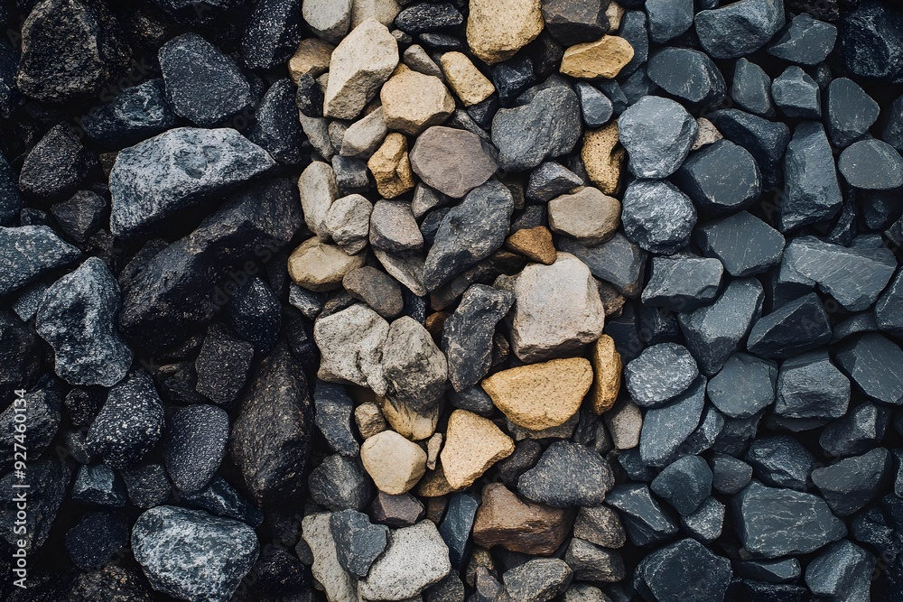 Metallic gravel, big rocks gradually changing to small gravel from left ...