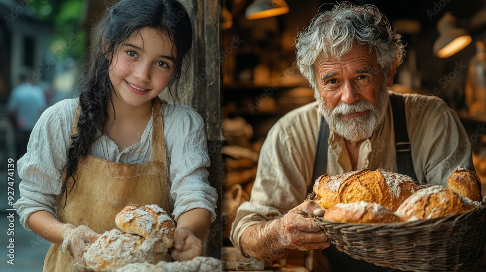 father and daughter working together in a modest family-owned bakery ...