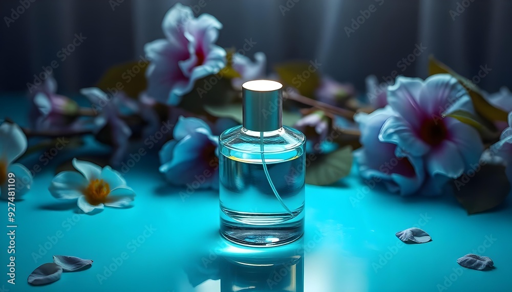 Minimal perfume bottle and flowers all over the set, top light on top ...