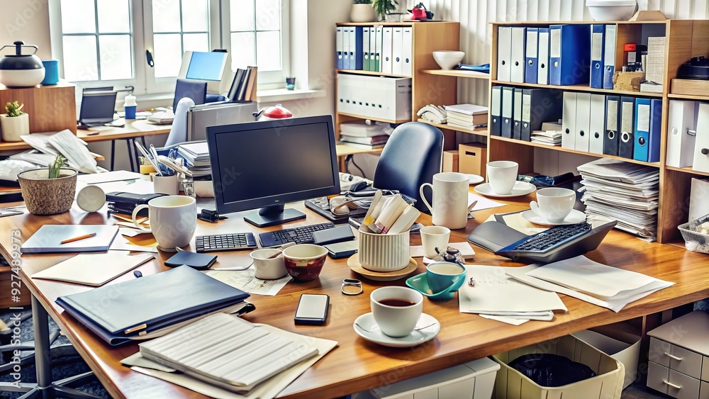 Chaotic workspace with scattered papers, coffee cups, and office ...