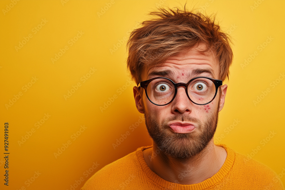 Young geek guy with funny expression. Yellow shirt. Beard and messy ...