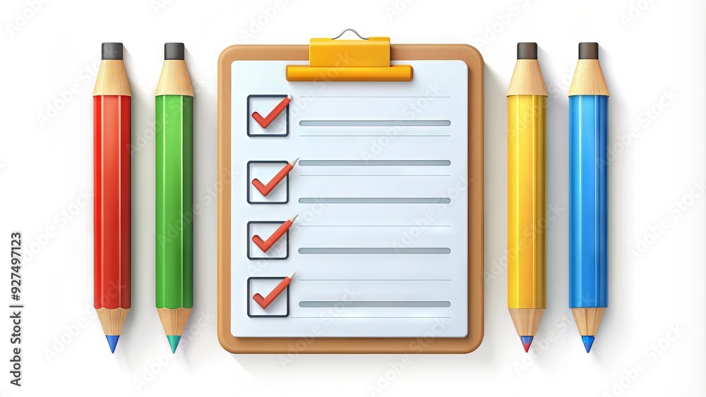 Colorful checklist icons with checkboxes and pencils on a white ...