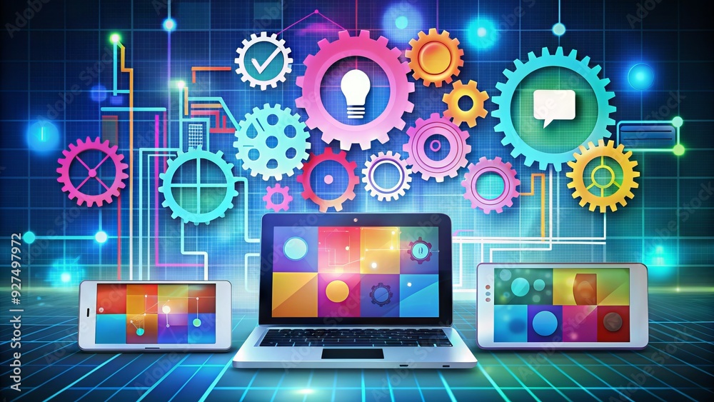 Colorful digital tools icons, including a laptop, tablet, and ...