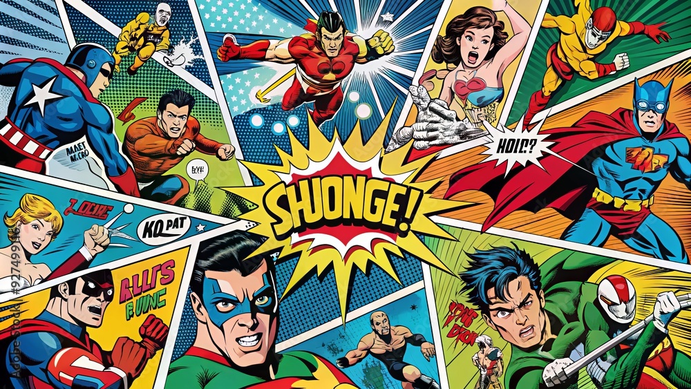 Colorful illustration of a classic comic book strip featuring action ...