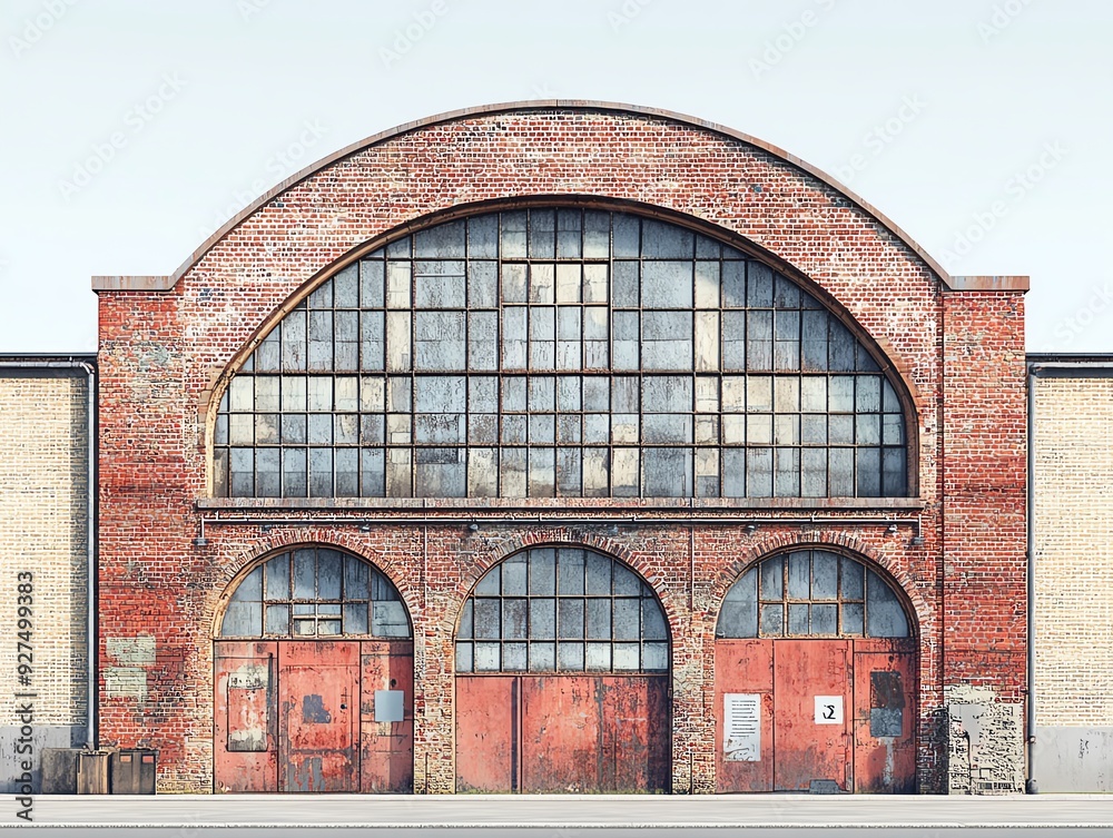 Artistic depiction of a factory with a brick exterior and arched frontage, blending traditional ...