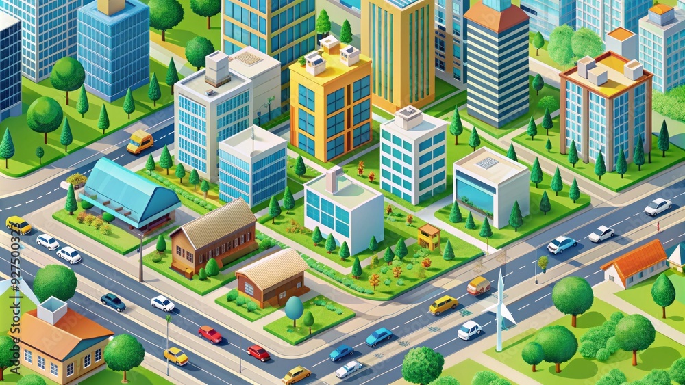 Colorful isometric illustration of sustainable city with eco-friendly ...