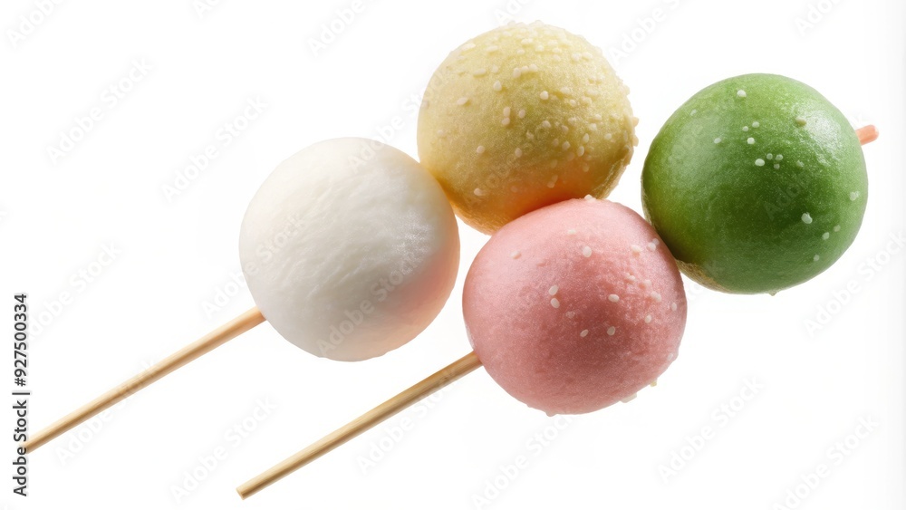Colorful Japanese dango trifecta suspended in mid-air, isolated on ...