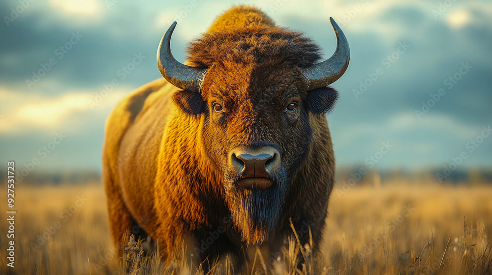 Majestic bison standing proud in a golden field, staring intensely at ...