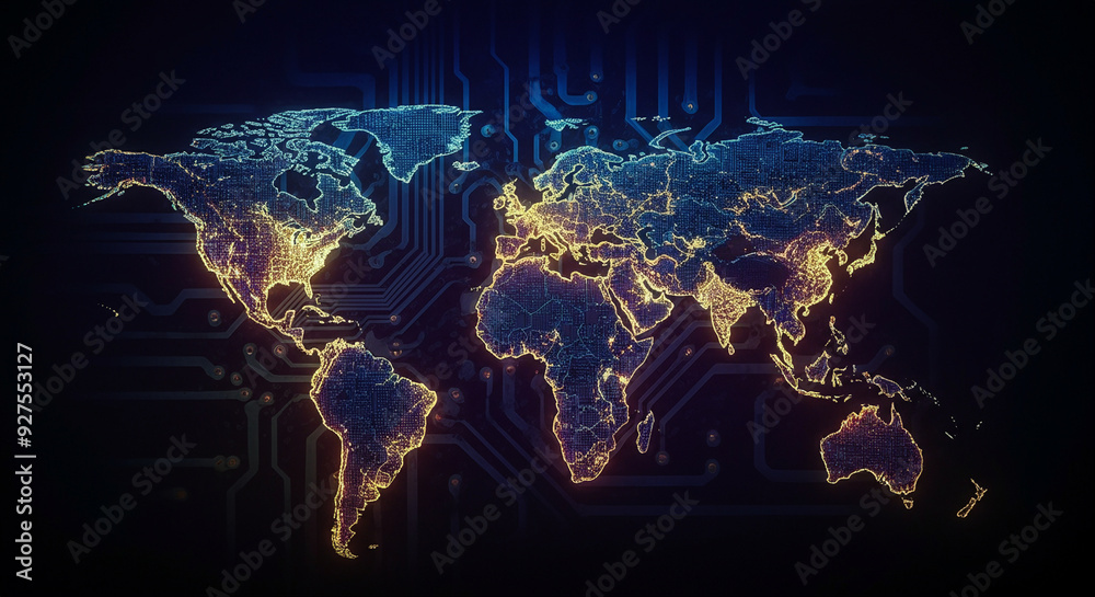 World Map in Digital Technology Style. Modern World Map with Circuit ...