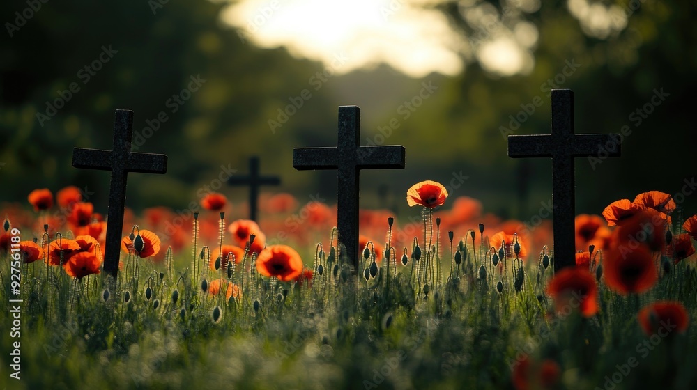 Crosses marking soldiers' graves stand amidst blooming poppies ...