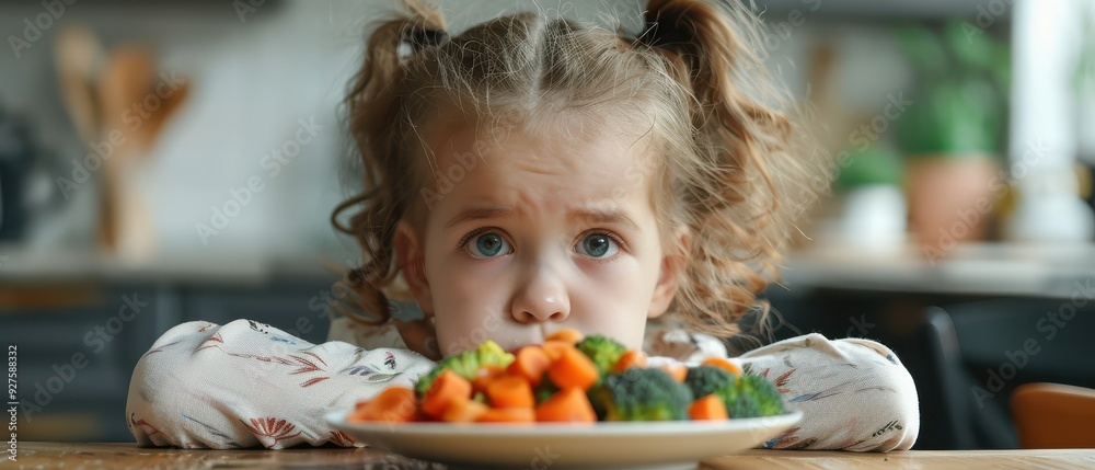 Sad child with curly hair pouting at a plate of uneaten vegetables ...