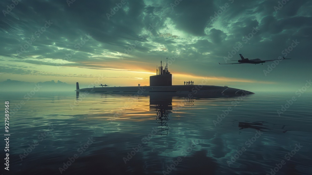 Submerged in Power: Military Nuclear Submarine and Fighter Jet in Ocean ...